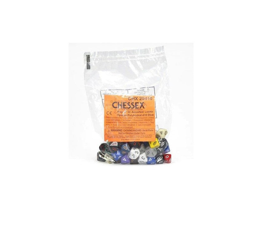 Chessex - Opaque Polyhedral d10 Dice Bag of 50 - Assorted – Good Games